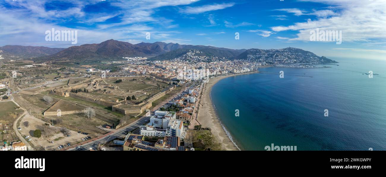 Panoramic aerial view of Roses citadel in Spain , giant pentagonal star ...