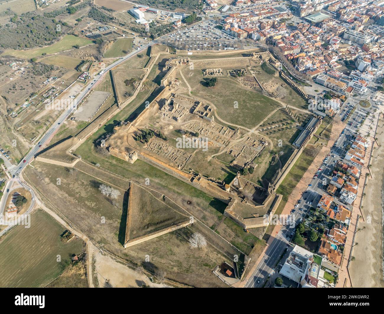 Panoramic aerial view of Roses citadel in Spain , giant pentagonal star ...
