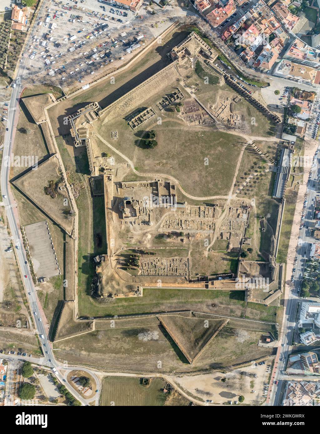 Panoramic aerial view of Roses citadel in Spain , giant pentagonal star ...