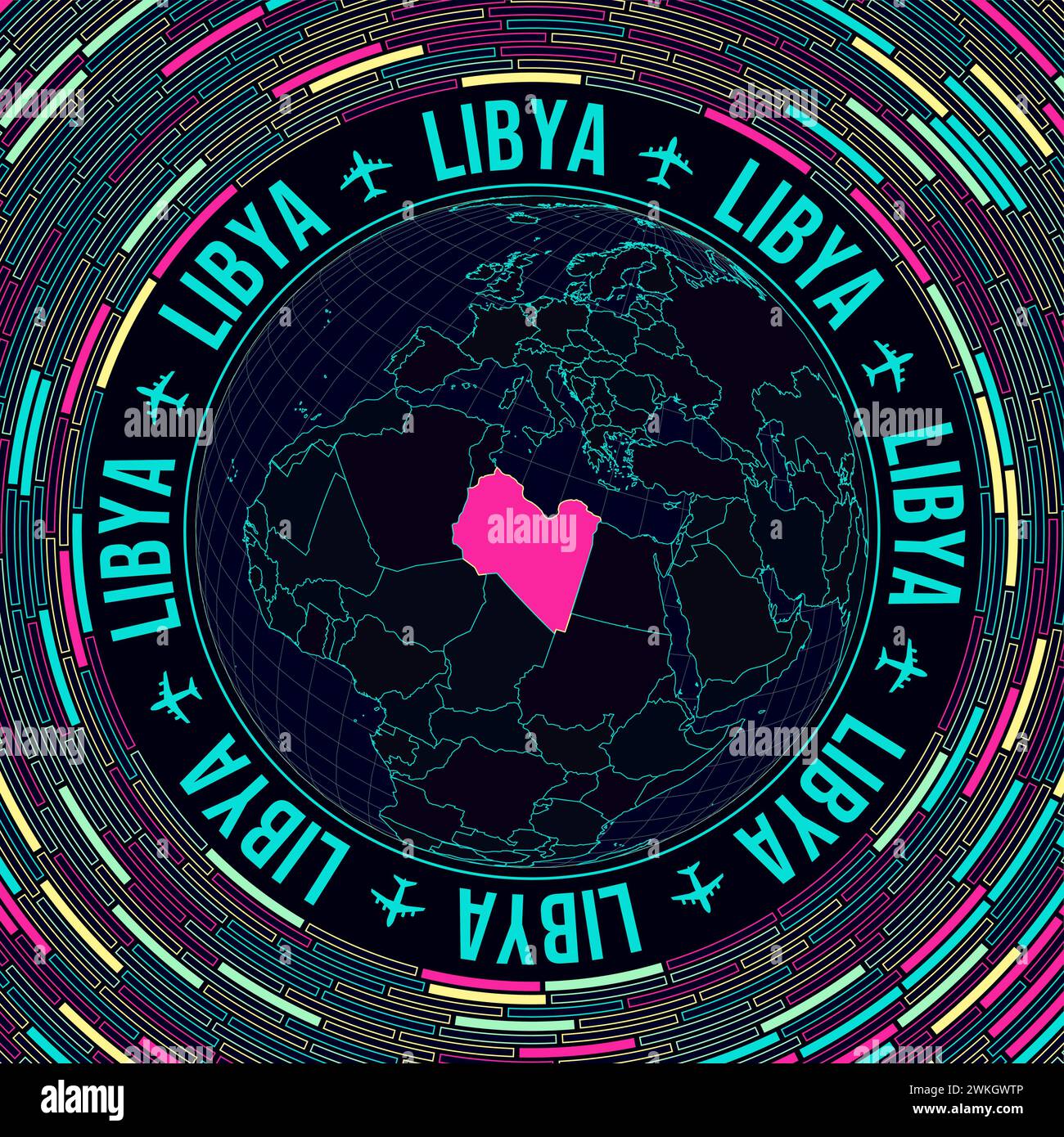 Libya on globe. Satellite view of the world centered to Libya. Bright ...