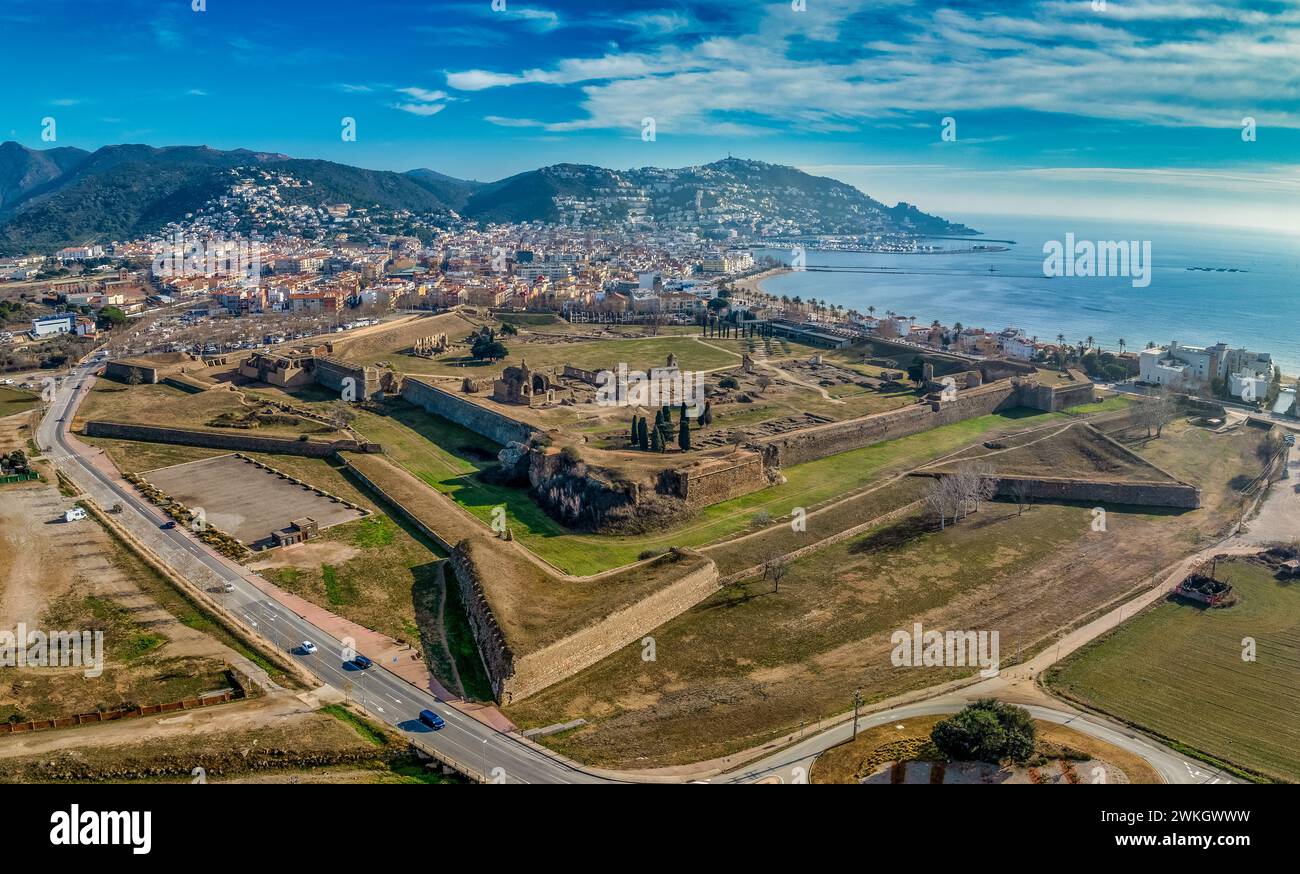 Panoramic aerial view of Roses citadel in Spain , giant pentagonal star ...