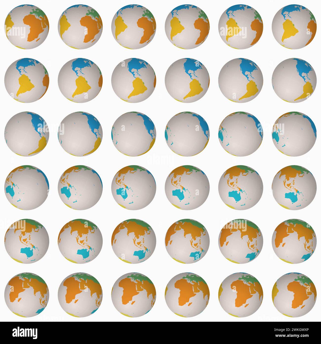 Collection of planet globes. Tilted sphere view. Rotation step 10 degrees. Colored continents ...