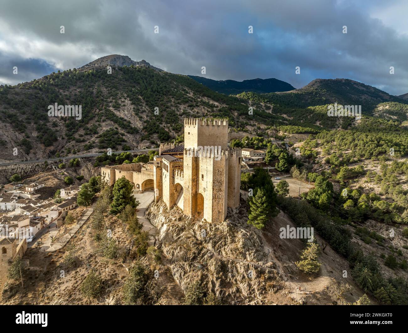 Aerial view of Velez Blanco castle on a hilltop and town with one or ...