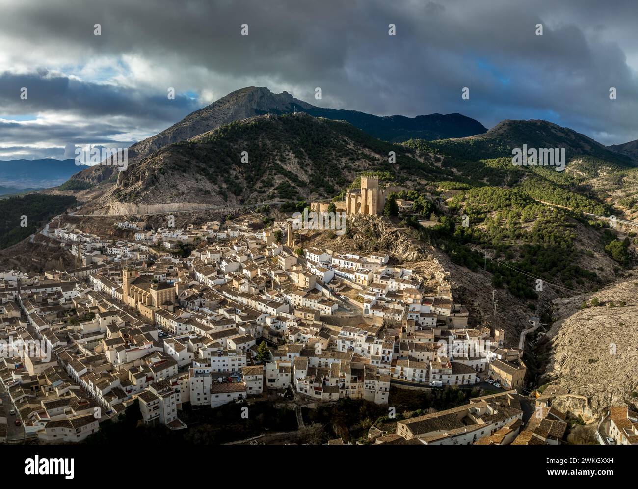 Aerial view of Velez Blanco castle on a hilltop and town with one or ...