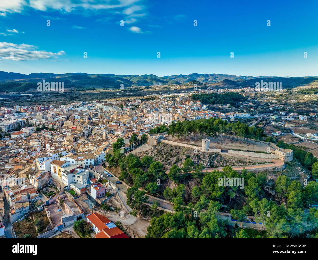 Aerial view of Segorbe castle, and city walls, medieval stronghold in ...