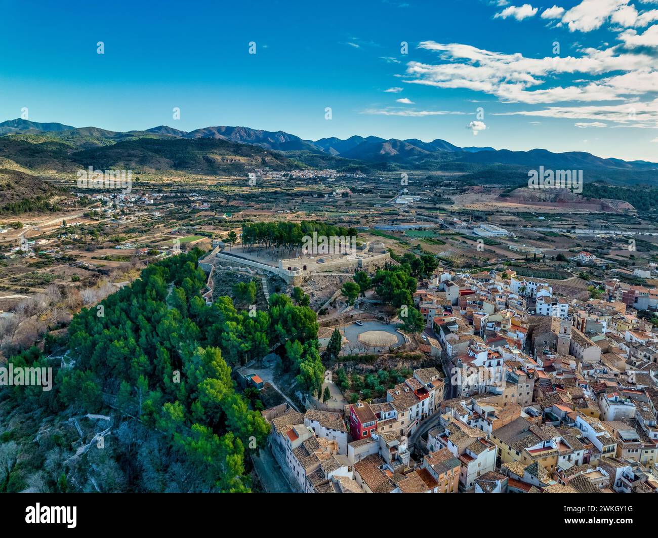 Aerial view of Segorbe castle, restored medieval hilltop stronghold ...
