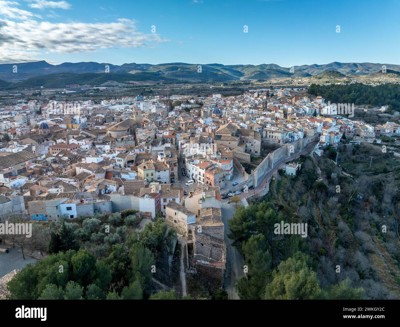 Aerial view of Segorbe castle, and city walls, medieval stronghold in ...