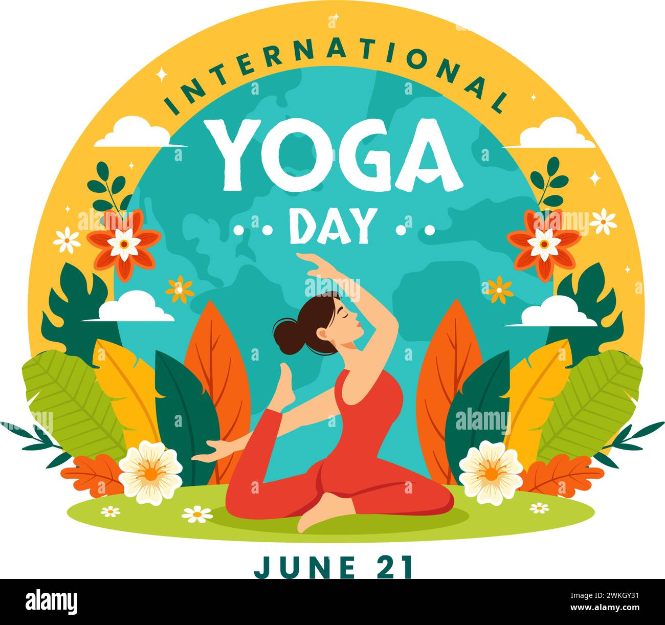 International Yoga Day Vector Illustration on June 21 with Woman Doing ...