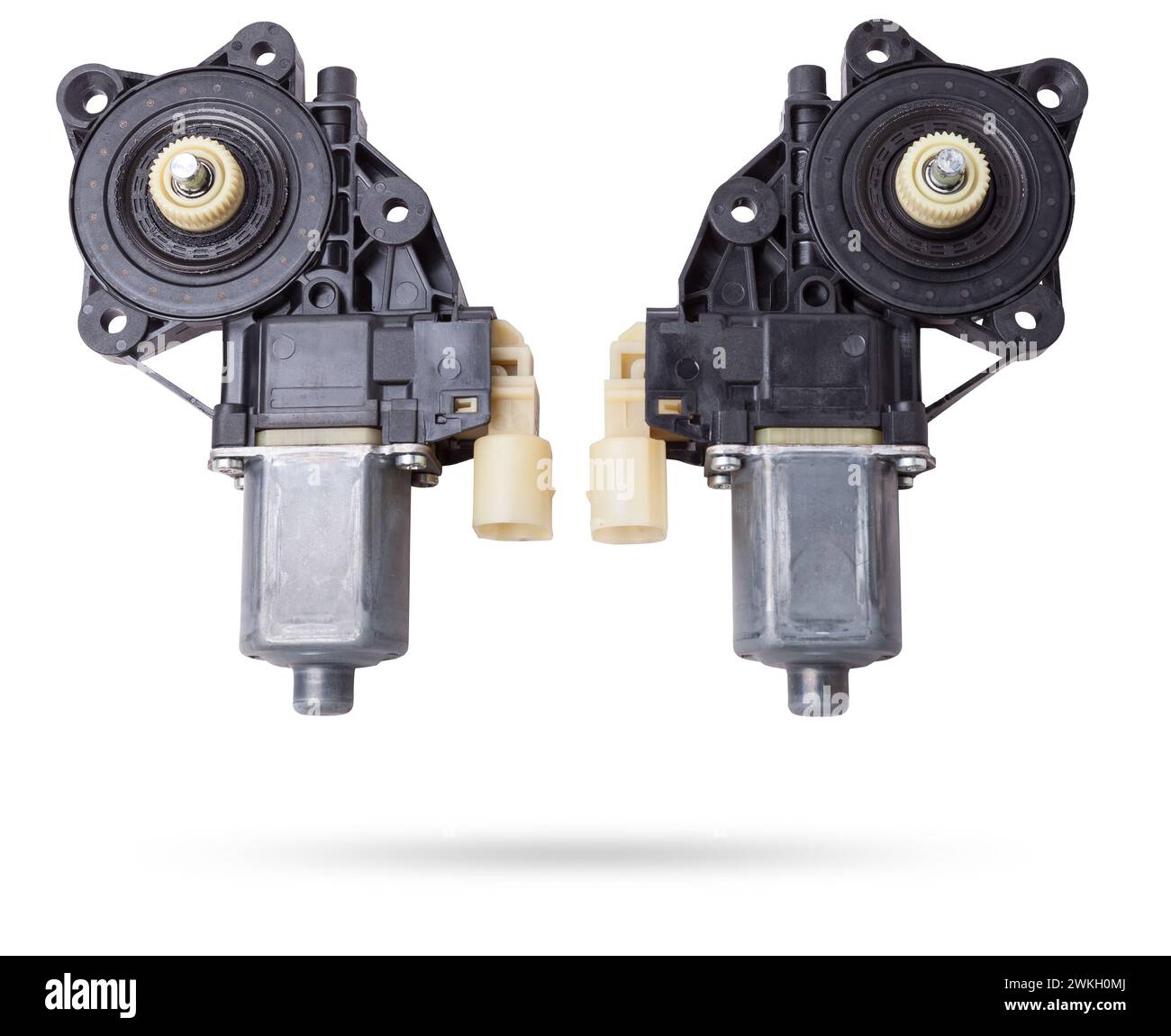 two Electric window mechanism motor for a car on a white isolated ...