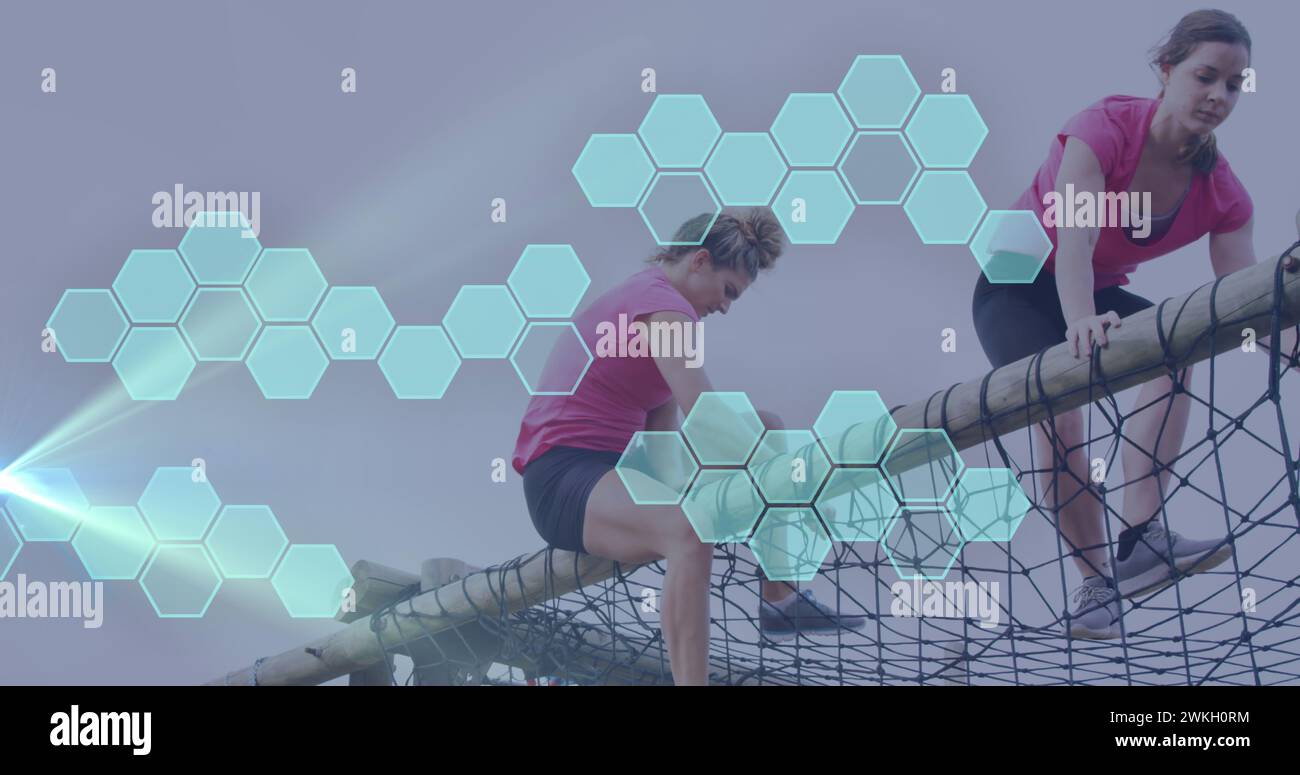 Image of shapes moving over diverse women at obstacle course Stock ...