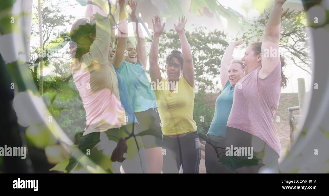 Image of leaves over happy diverse sports women teaming up Stock Photo ...