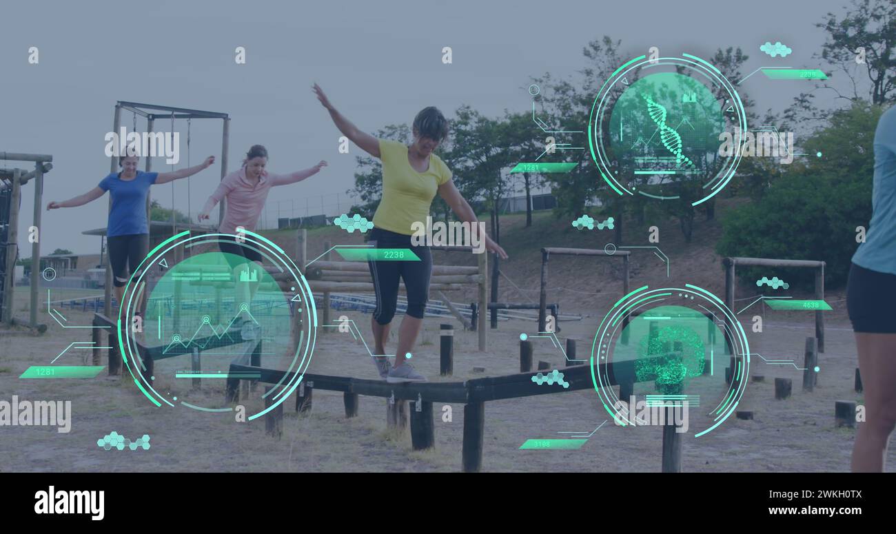 Image of science data processing over diverse women at obstacle course ...