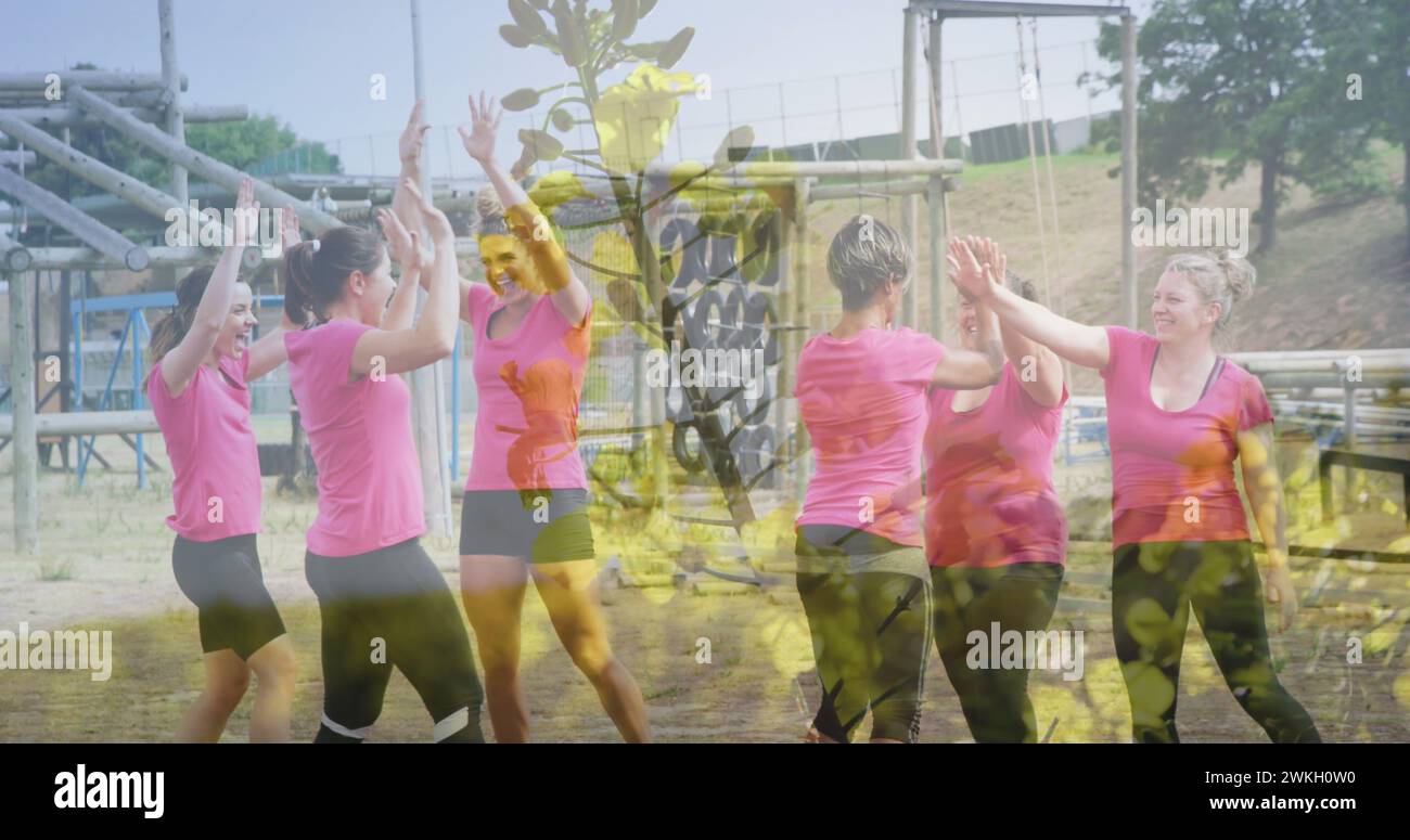 Image of plants over diverse women at obstacle course high fiving Stock ...