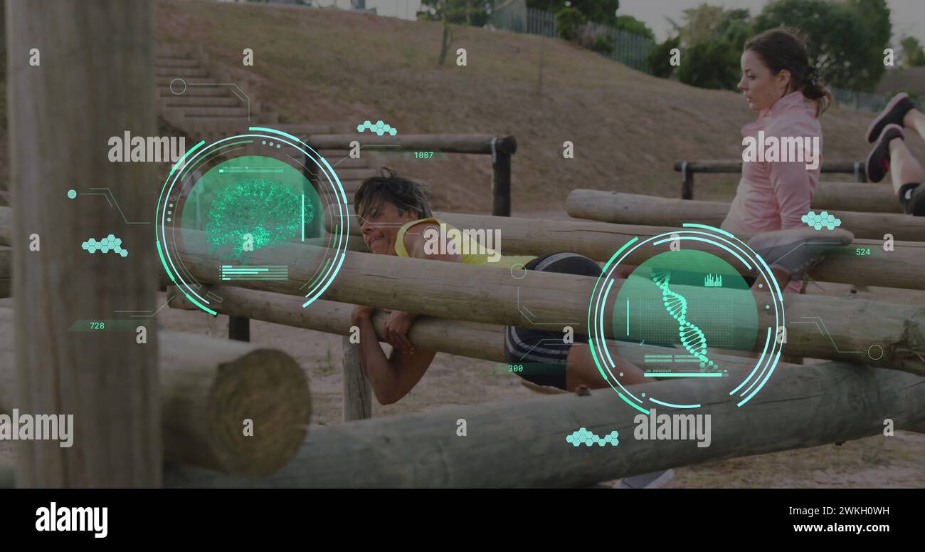 Image of science data processing over diverse women at obstacle course ...