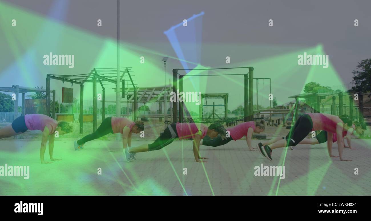 Image of shapes over diverse women at obstacle course exercising Stock ...