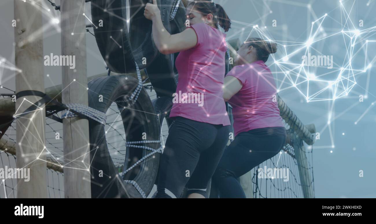 Image of shapes over diverse women at obstacle course climbing Stock ...