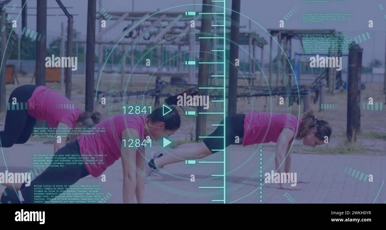 Image of data processing over diverse women at obstacle course ...