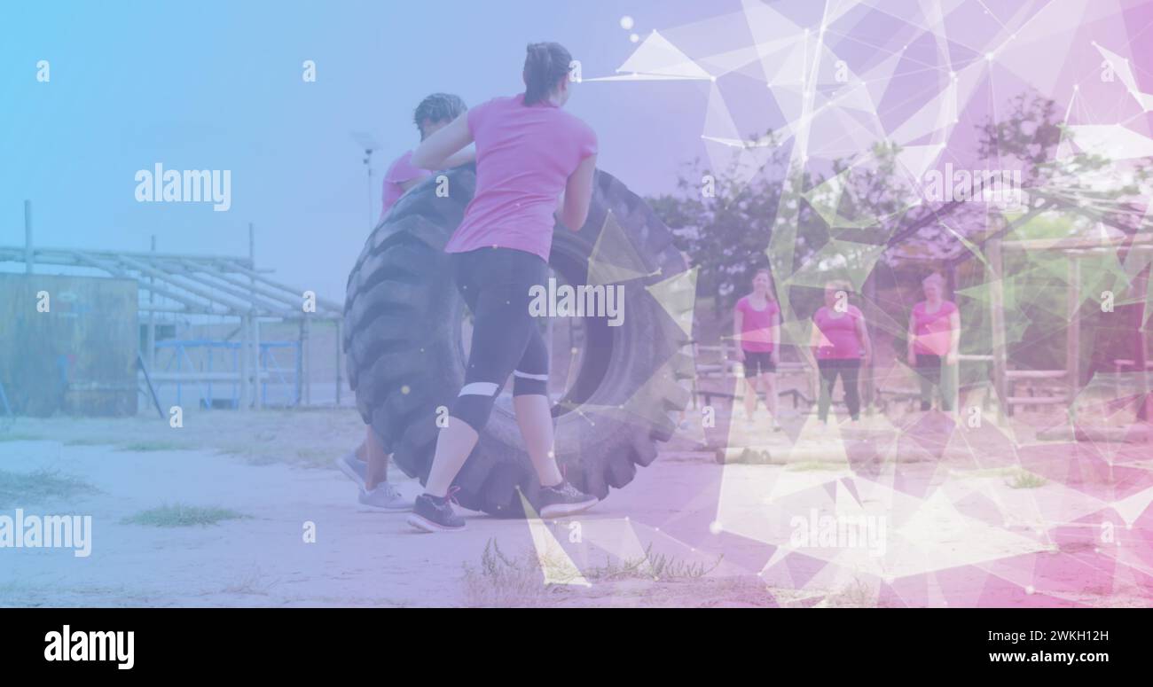 Image of shapes over diverse women at obstacle course carrying tyre ...