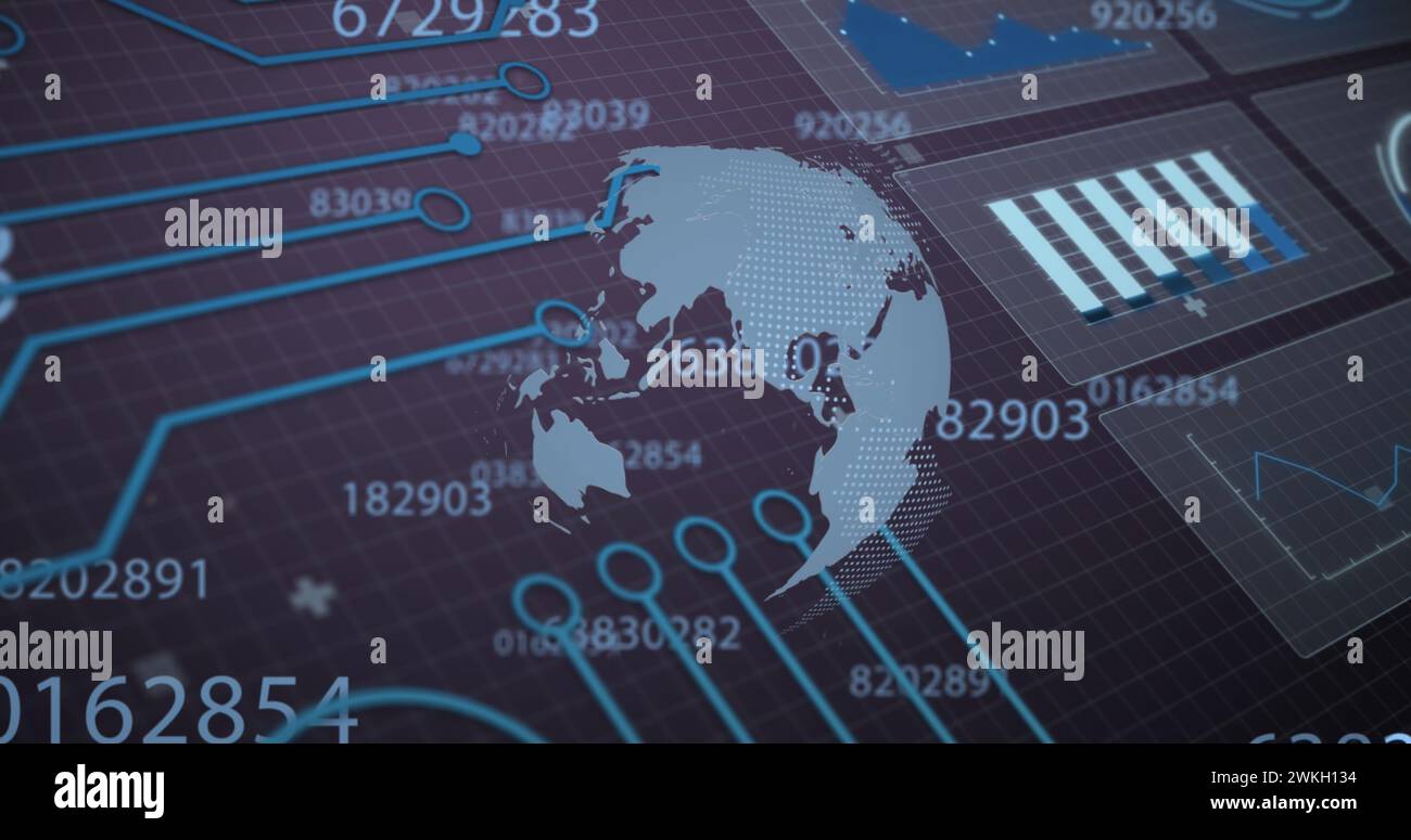 Image of data processing and digital planet earth over grid Stock Photo ...