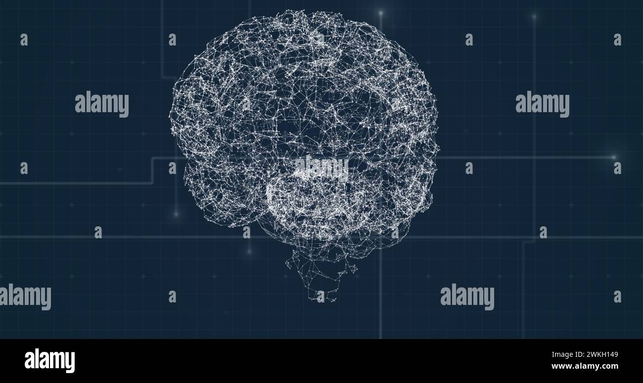 Image of human brain with network of connection over grid Stock Photo ...