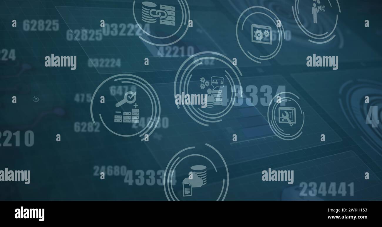 Image of data processing and icons over digital screen Stock Photo - Alamy