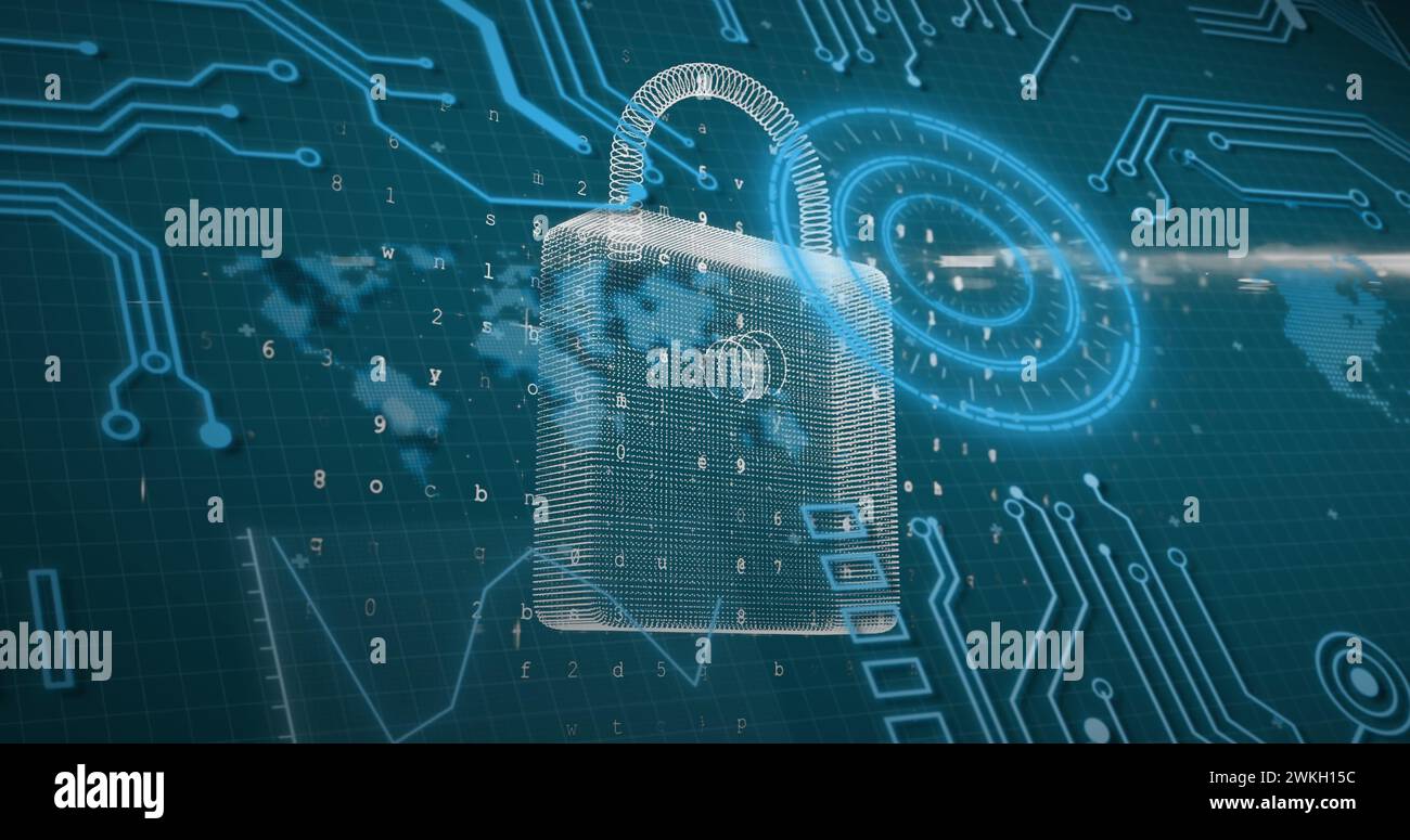 Image of scope scanning, online security padlock with cyber attack warning Stock Photo - Alamy