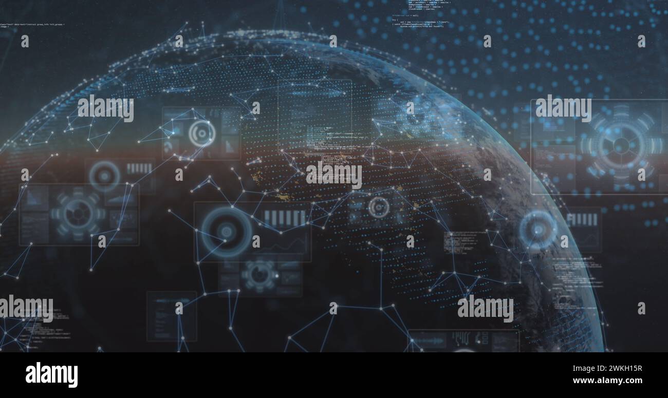 Image of scopes scanning, data processing and network of connections over digital planet earth ...