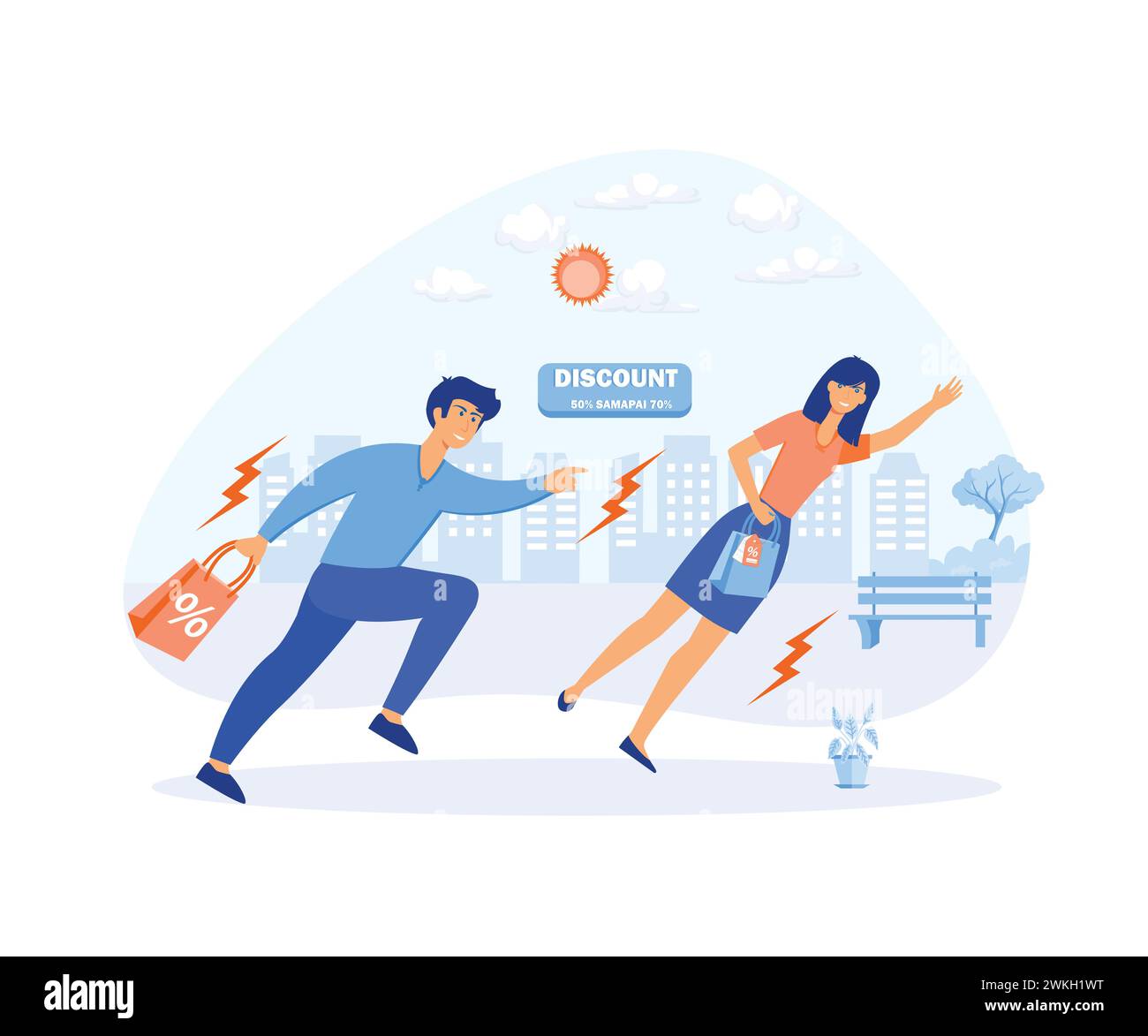 big discounts, customers, people with shop bags flying like superheroes ...