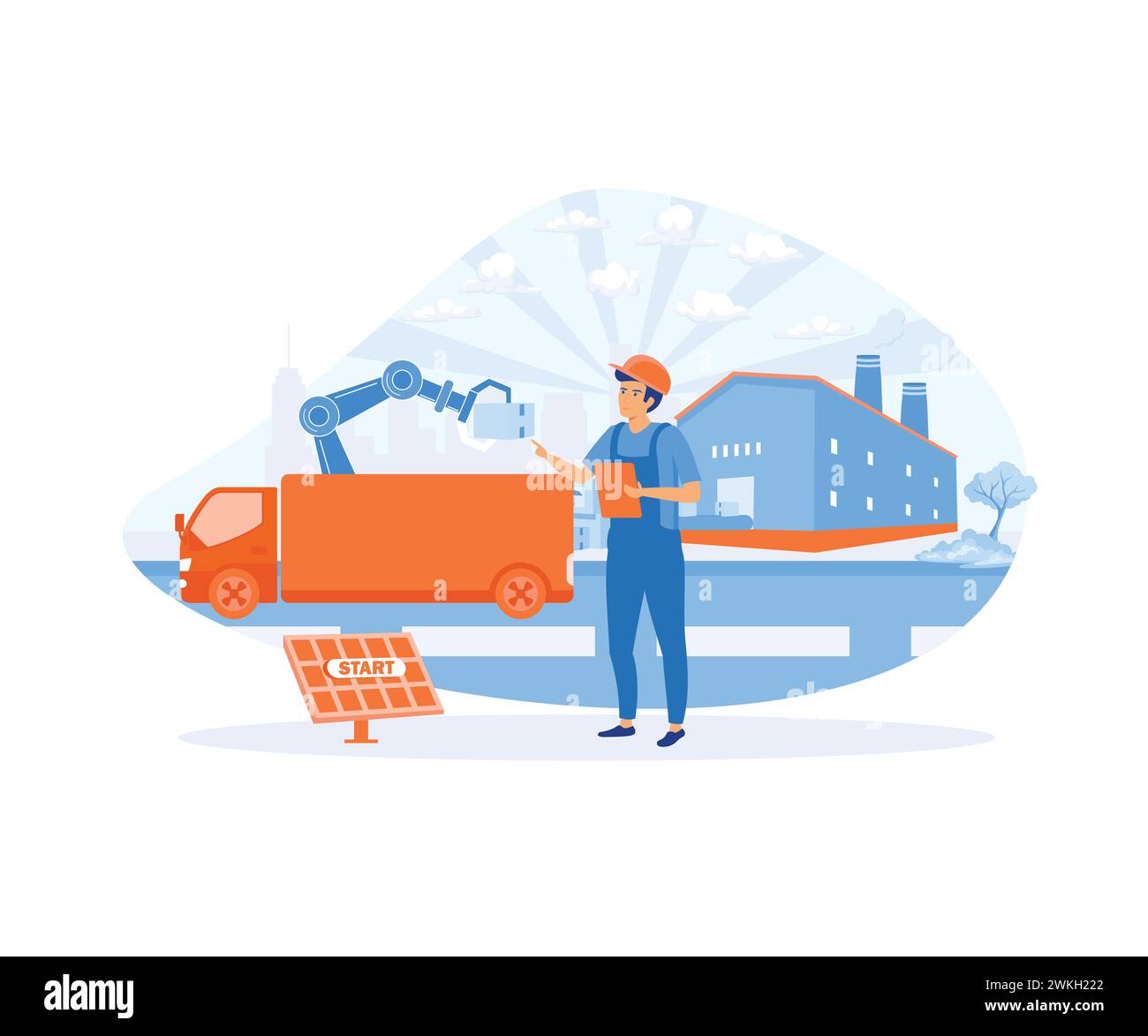 Engineer working with interactive interface. Smart industry, innovative manufacturing. flat ...