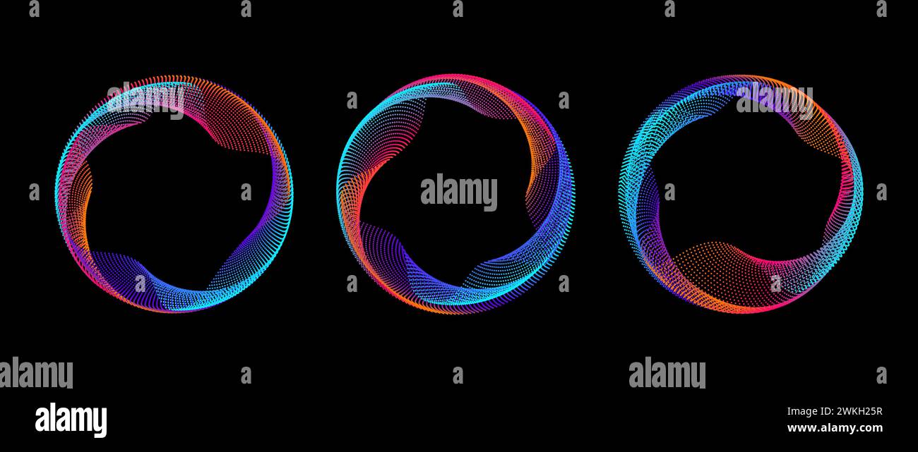 Neon iridescent gradient dotted circle set. Colorful glowing round tech frame collection. Curved ...