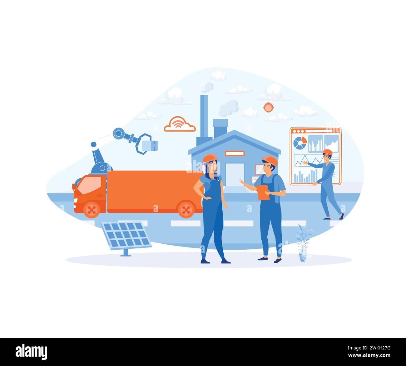 Smart Factories and working people use wireless technology to control ...