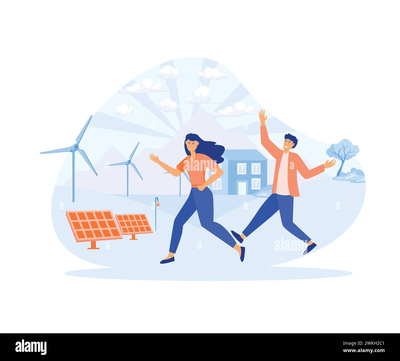 A young woman and a man running. Ecology renewable of Solar panels ...