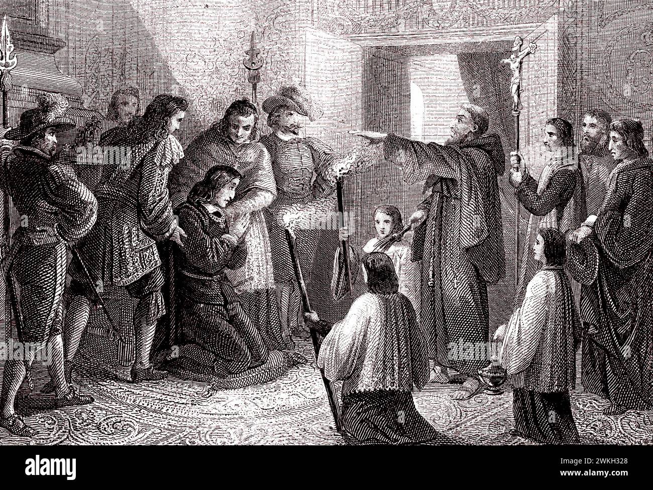 Exorcism of Charles the Second of Spain, 19th century illustration ...