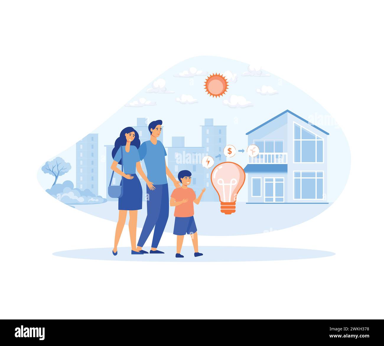 Family unplug appliances and use energy saving light bulb. flat vector ...