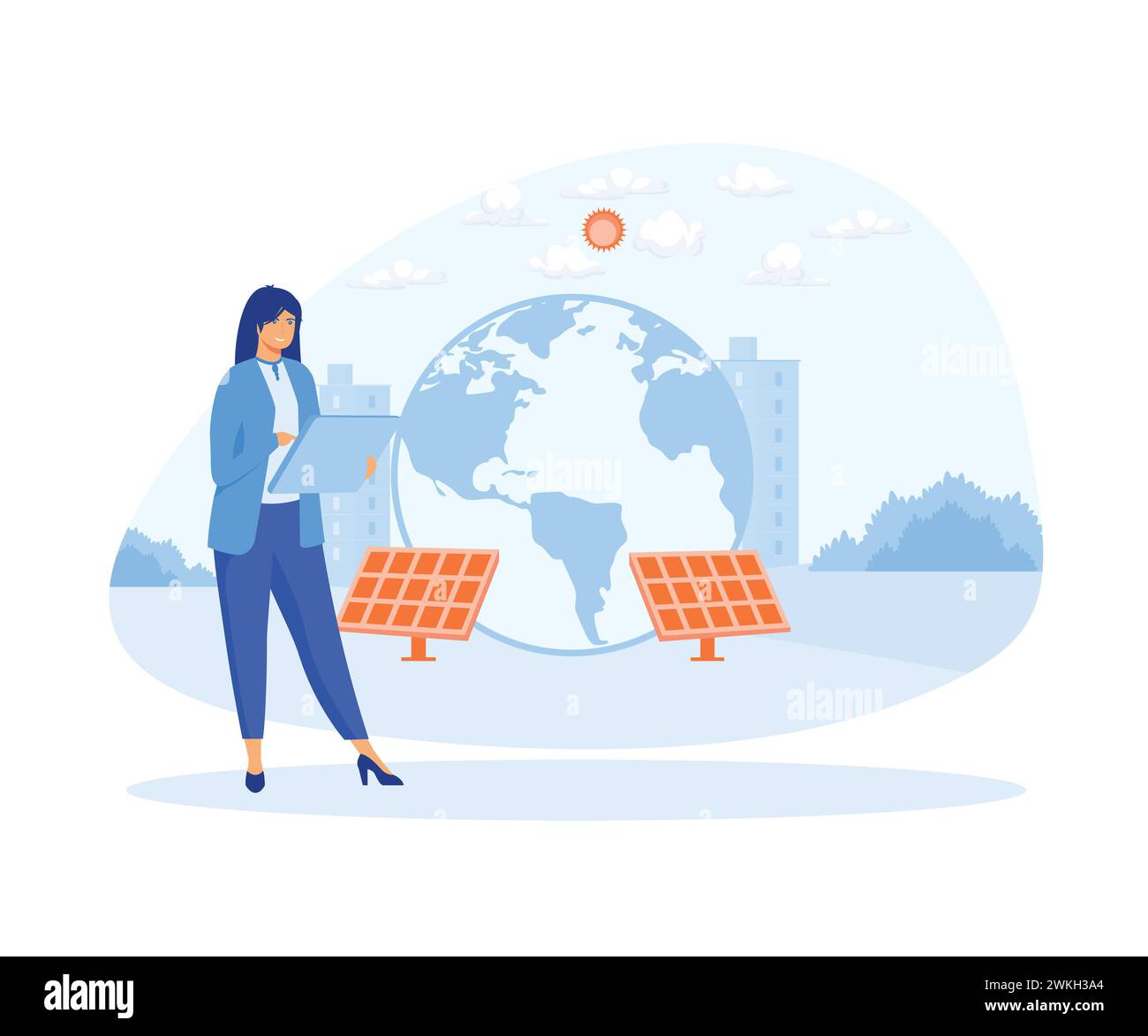 Woman using green electricity, windmills and solar panels. flat vector ...