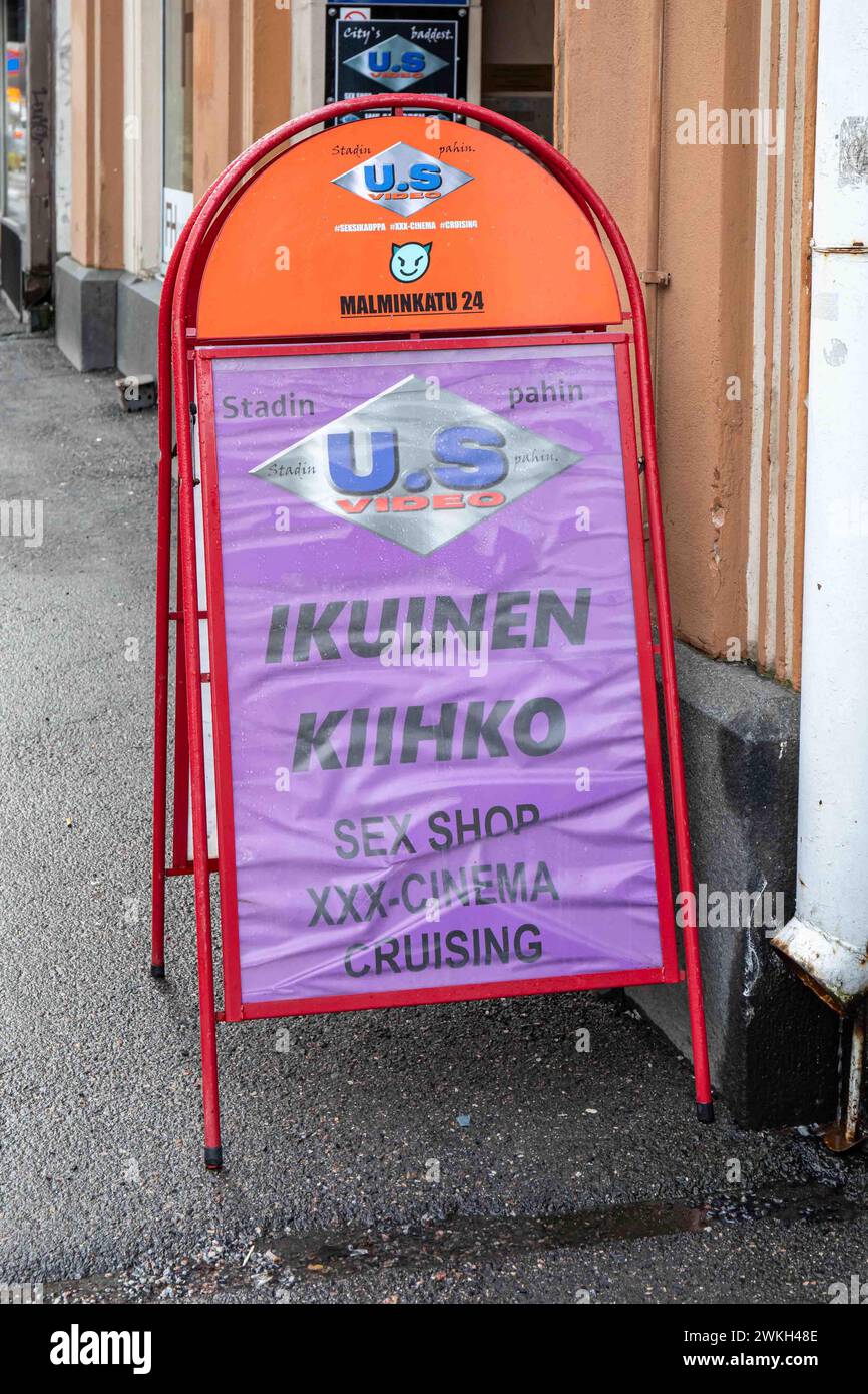 U.S Video adult entertainment store A-frame sidewalk sign at Malminkatu ...