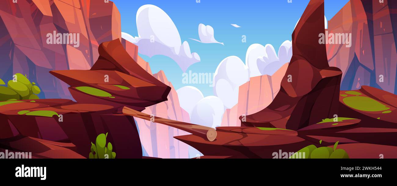 Log bridge in mountains. Vector cartoon illustration of rocky canyon ...