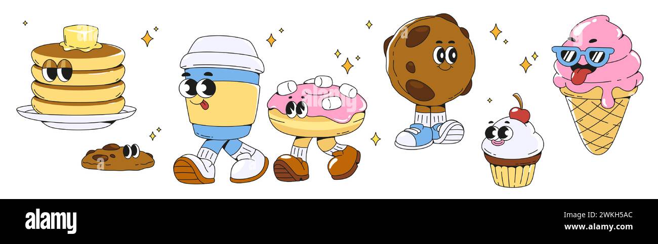 Groovy dessert characters set isolated on white background. Vector ...