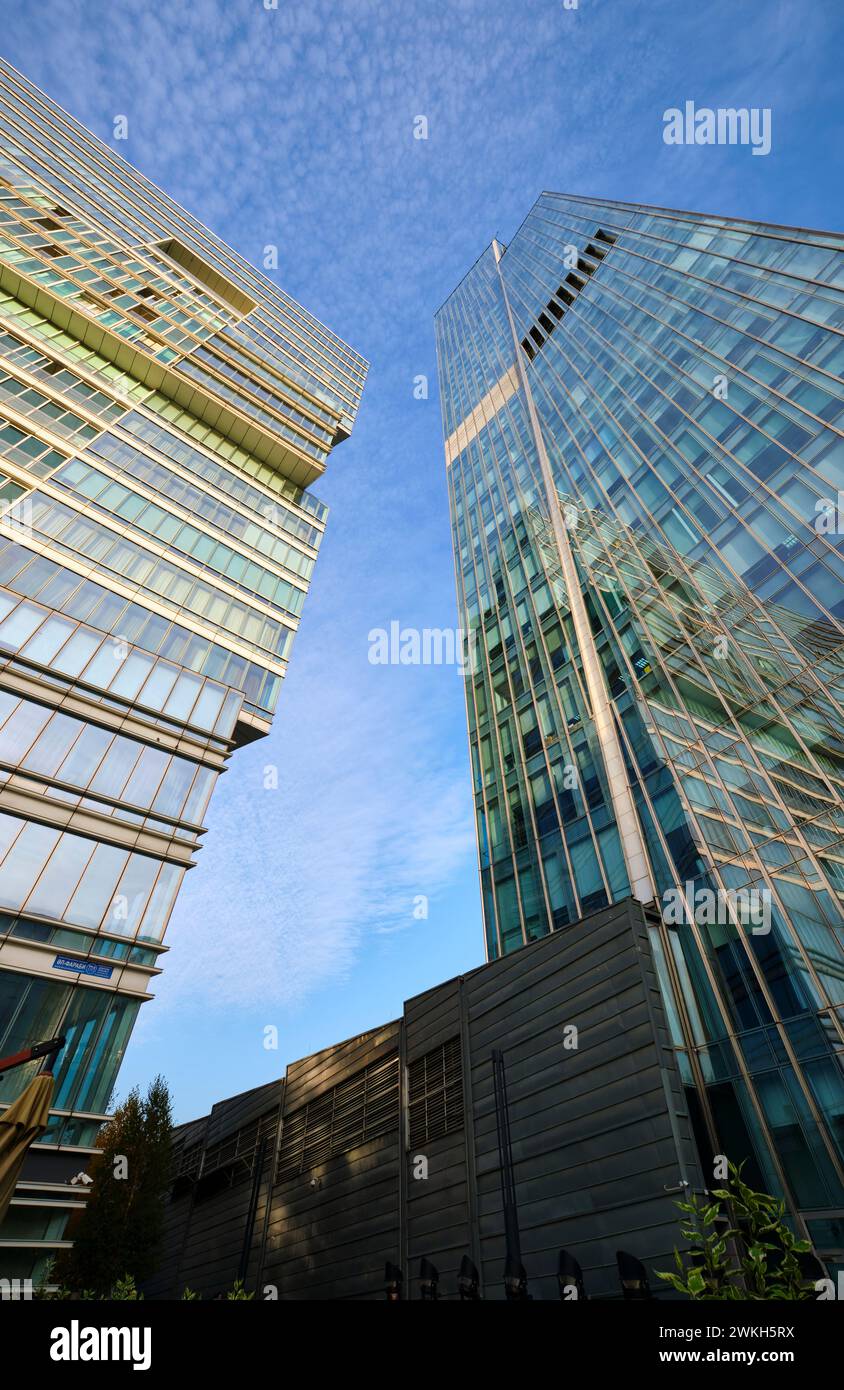 View of the new, modern, glass, tall skyscraper office, apartment and ...