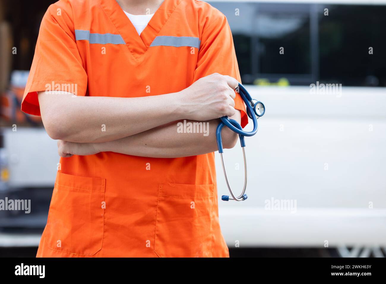 closeup paramedic man doctor medical emergency first aid mobile car ...