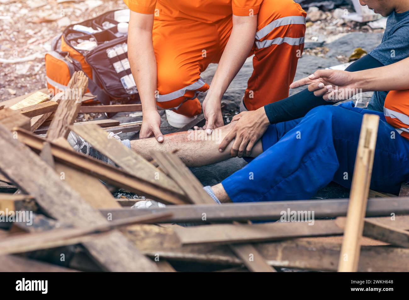 paramedic medical emergency team working help labor accident at dirty ...