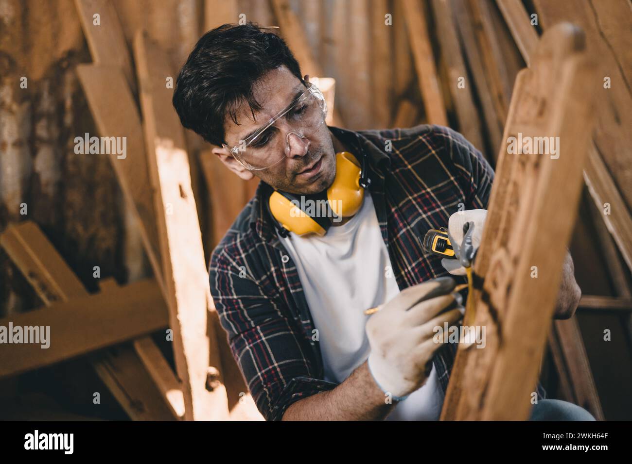 professional carpenter man hand working make wooden handcraft furniture ...