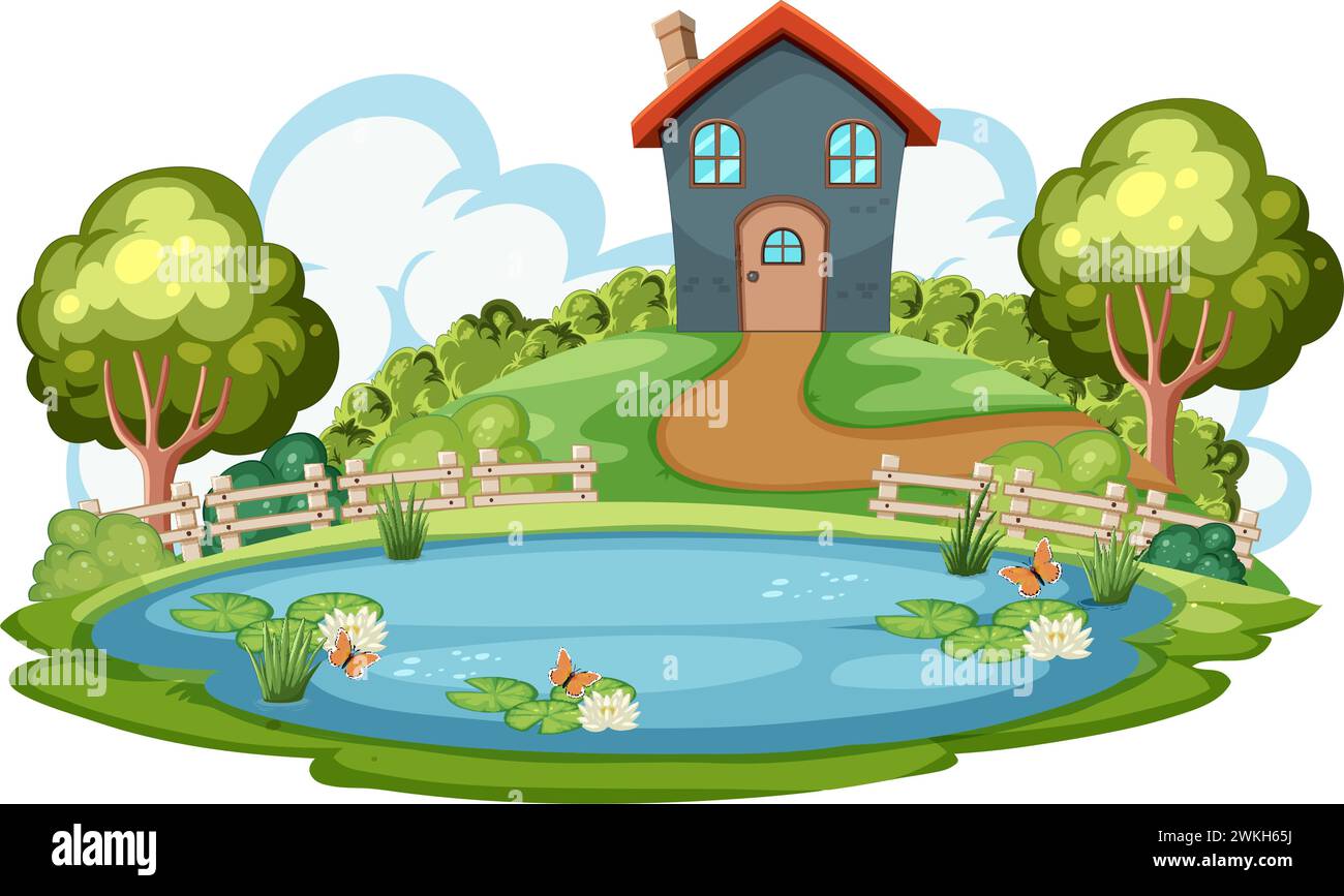 Vector illustration of a cozy house with a pond Stock Vector Image ...