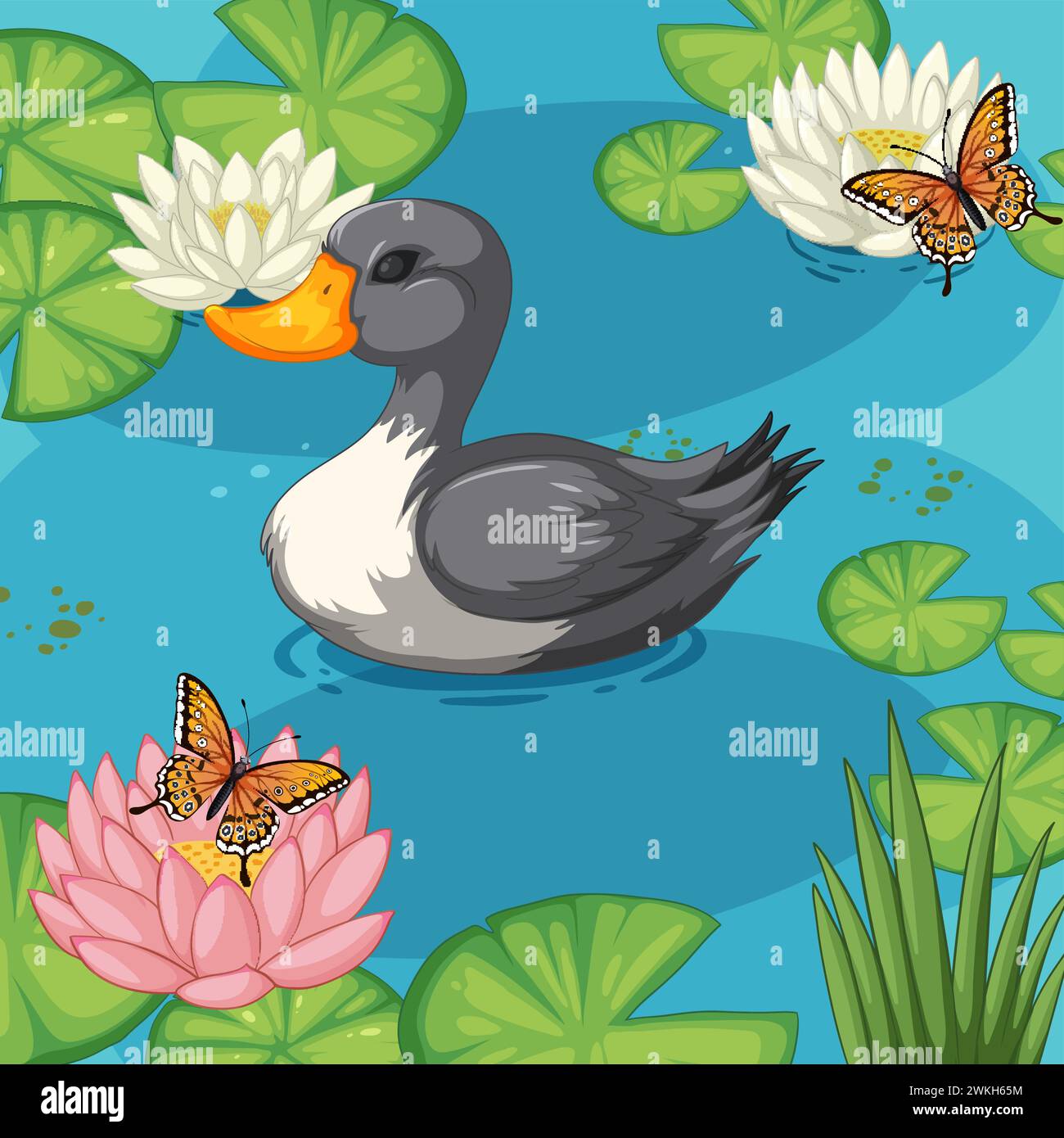 Duck floating among lilies and butterflies Stock Vector Image & Art - Alamy