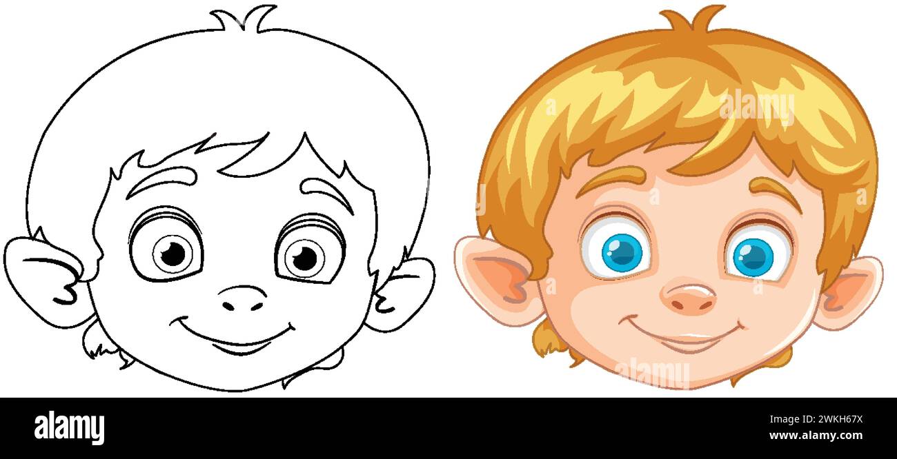 Black and white sketch beside colored illustration of boy Stock Vector ...