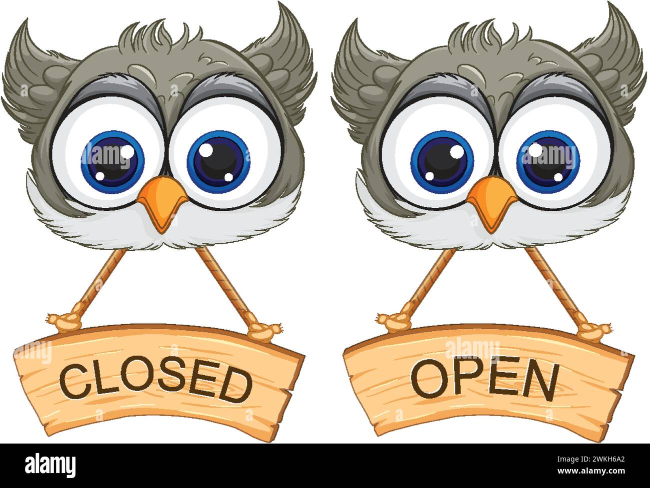 Cartoon owls with signs showing open and closed status Stock Vector ...
