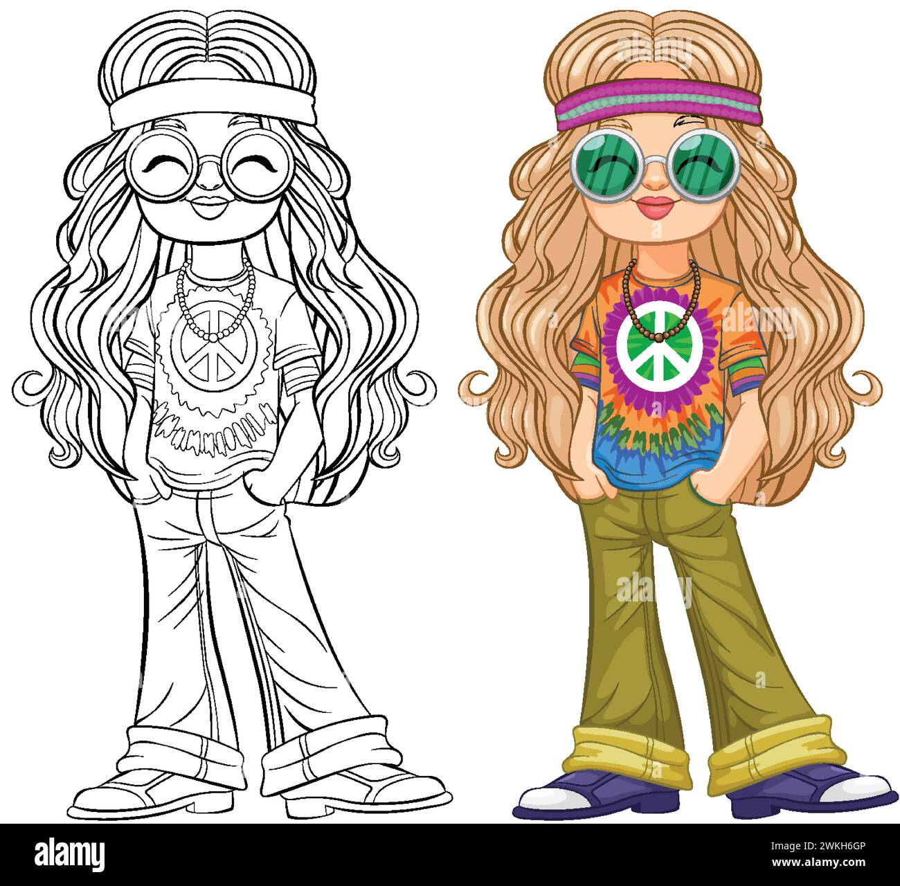 Colorful and outlined hippie girl characters Stock Vector Image & Art ...