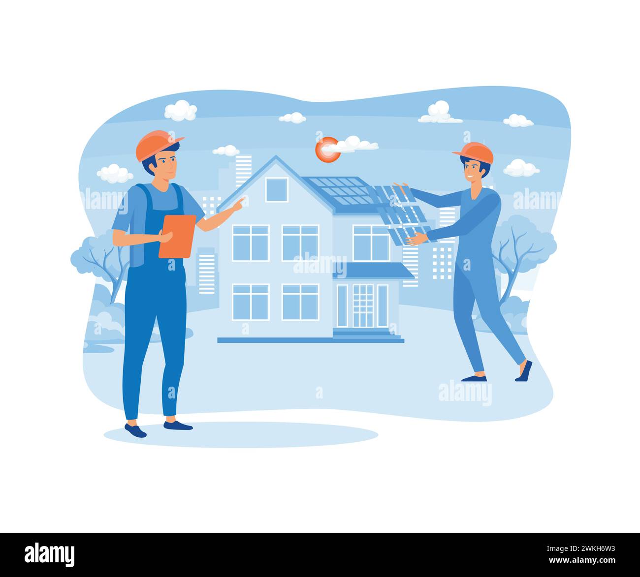 Roof construction worker building fixing and house renovation rooftop ...