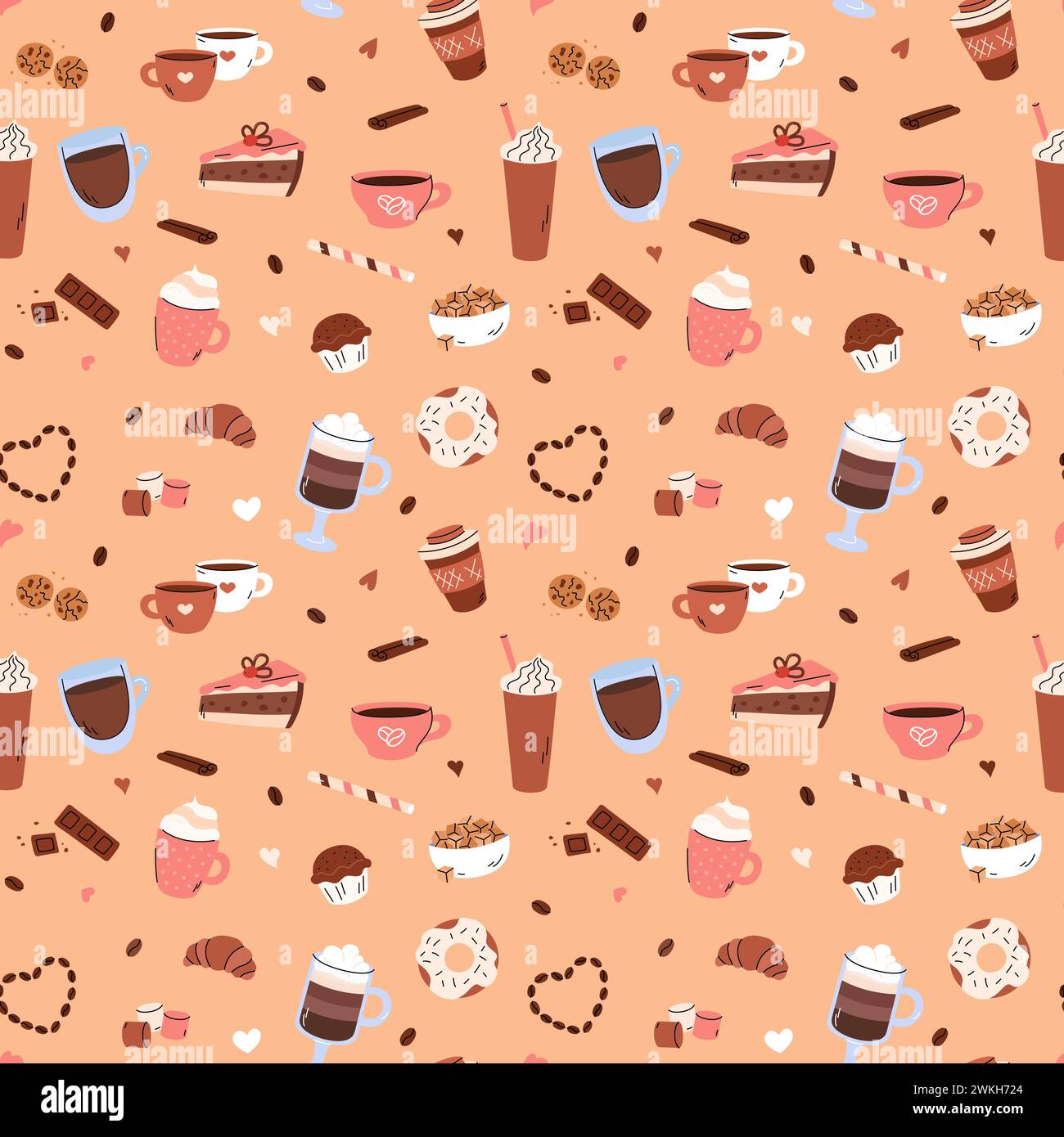 Coffee cute seamless vector pattern. Cute background with doodle coffee ...