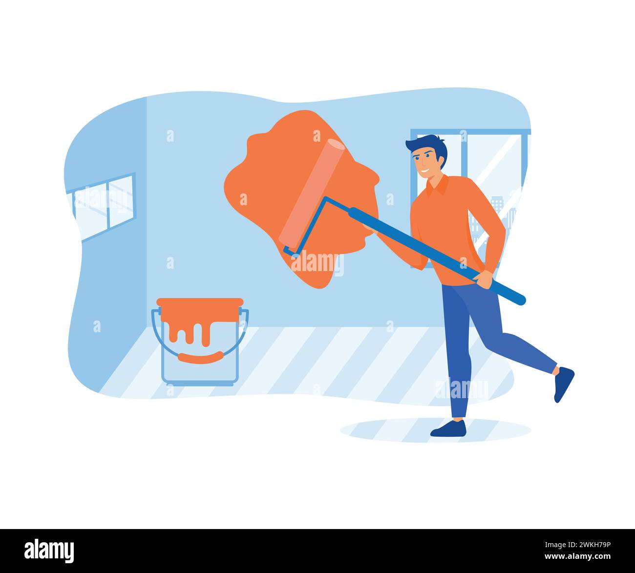 Contractor worker doing indoor maintenance wall painting. flat vector ...